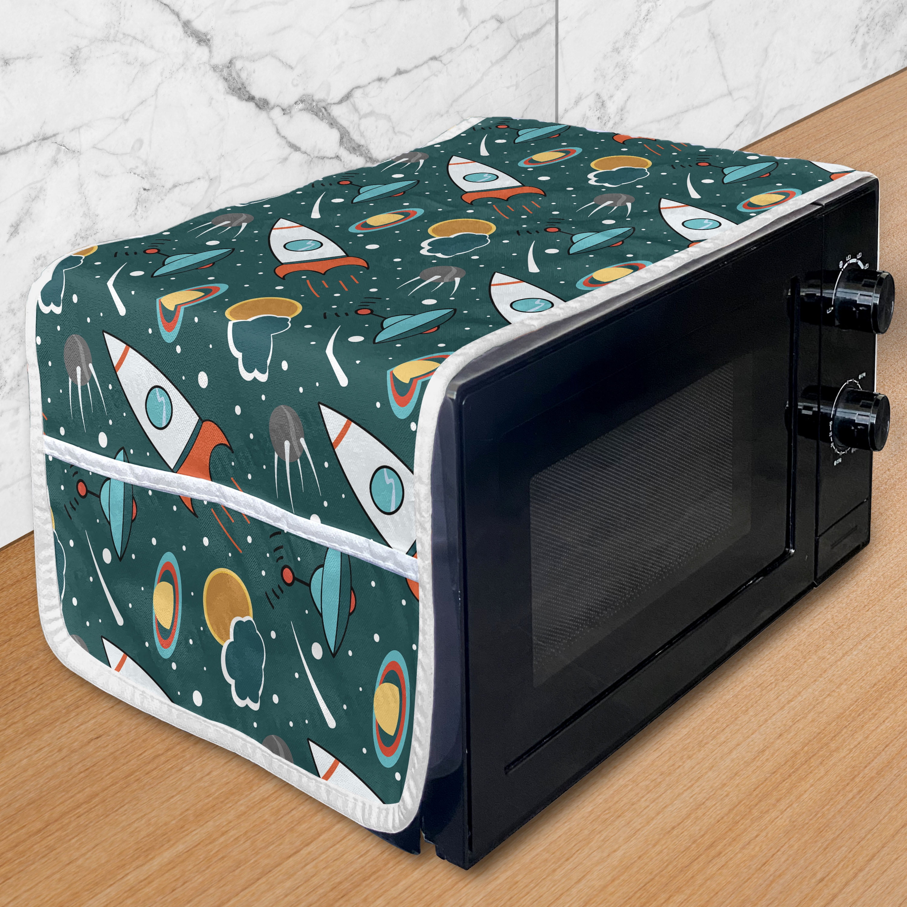 Spaceship Microwave Oven Cover, Outer Space Cartoon with Dotted ...