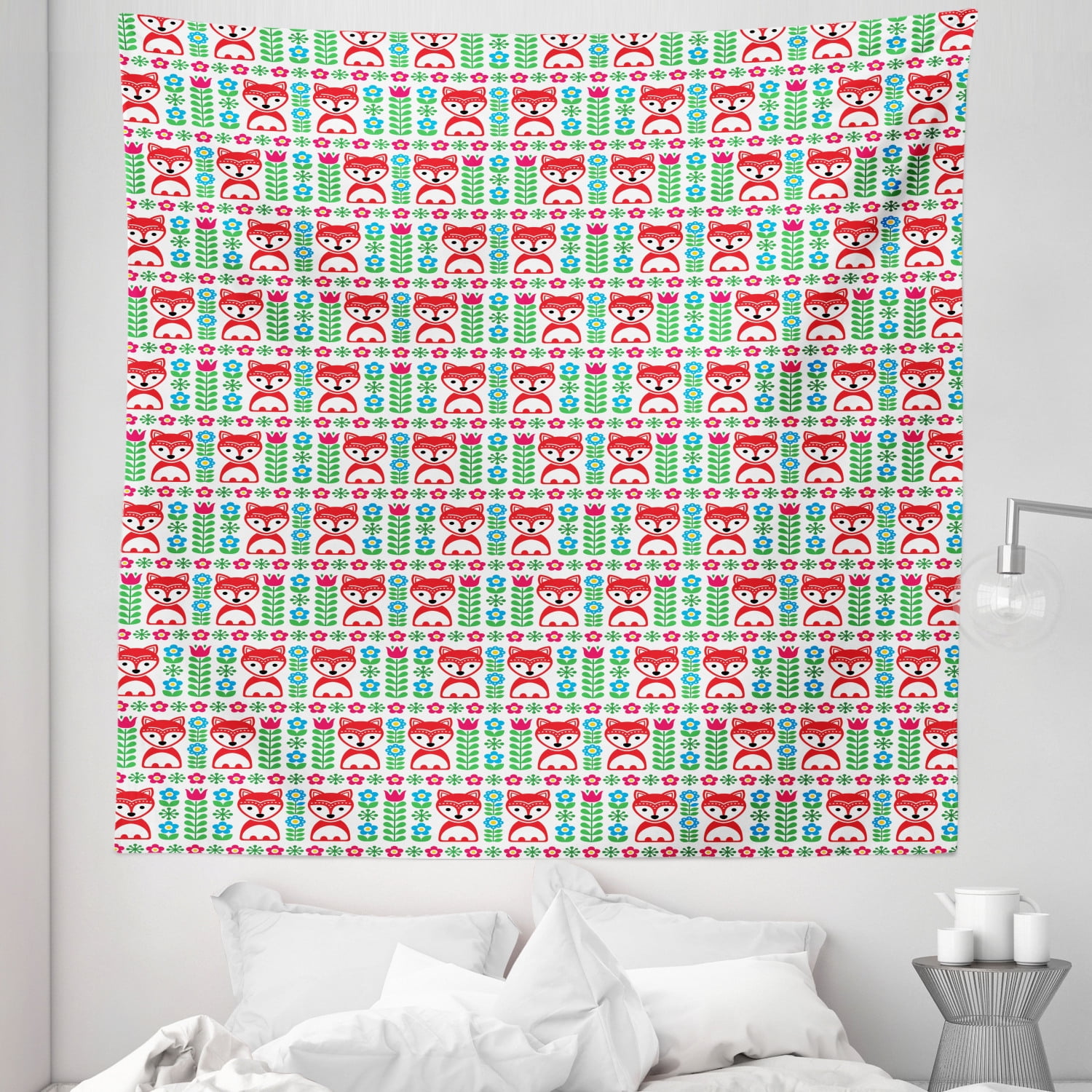 Fox Tapestry, Scandinavian Style Woodland Animals Pattern Flourishing ...