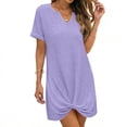 PYGNJK Women's Tshirt Dress Notch Neck Eyelet Knotted Short Sleeve ...