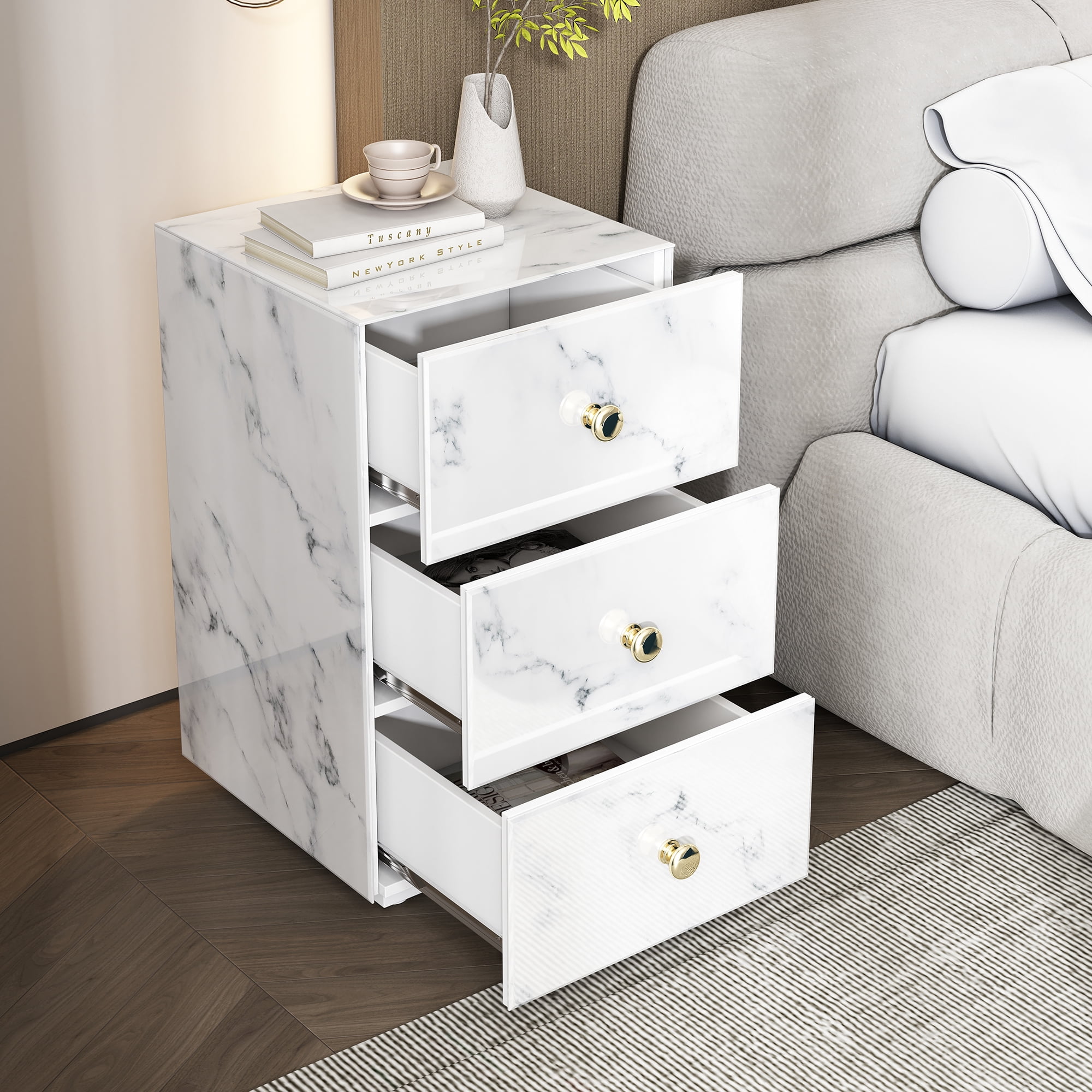 Holaki 3 Drawer Tempered Glass Night Stand Marble Texture Bedside Table ...
