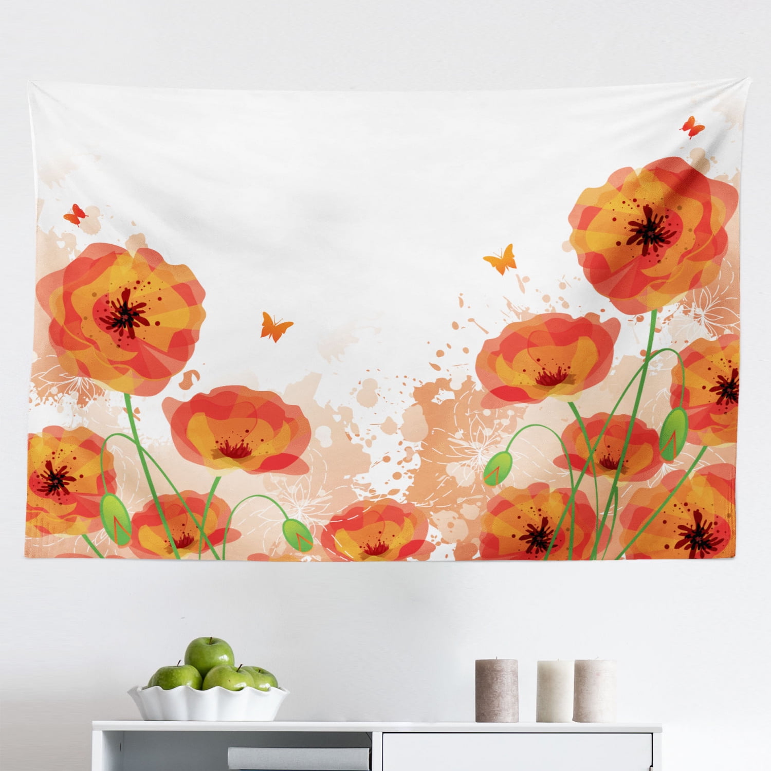 Poppy Flower Tapestry, Freshening Sky View with Grass Poppies Against ...