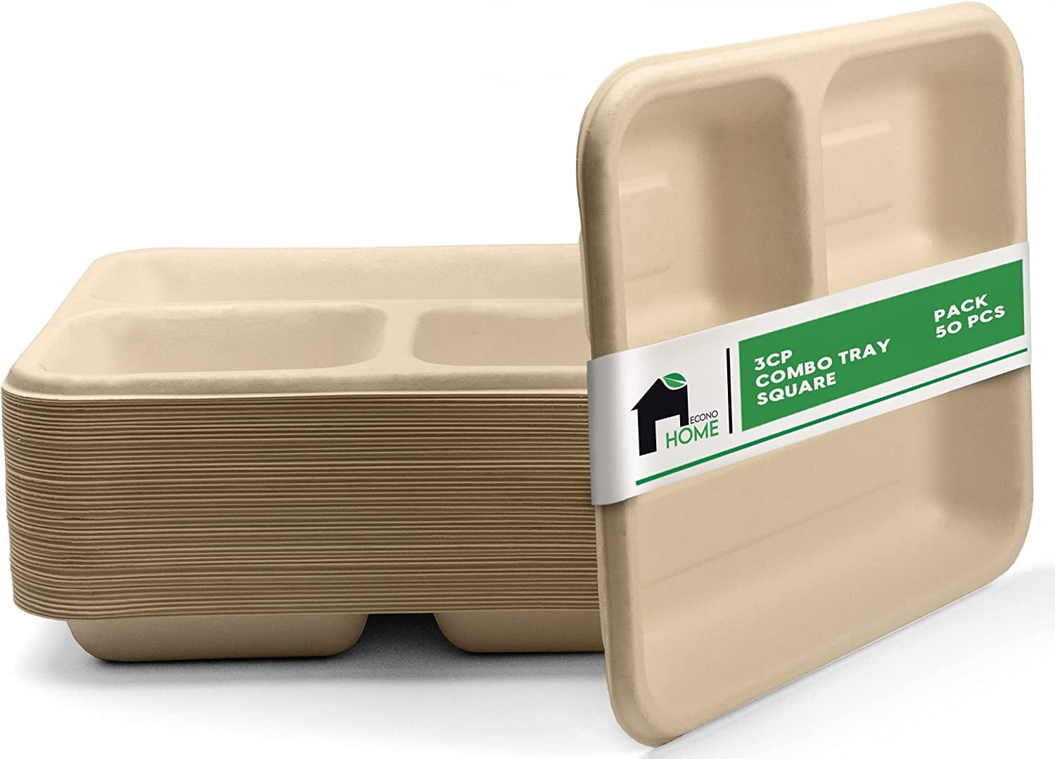 EconoHome 50 Pack Compostable Meal Tray with 3 Compartments - Eco ...