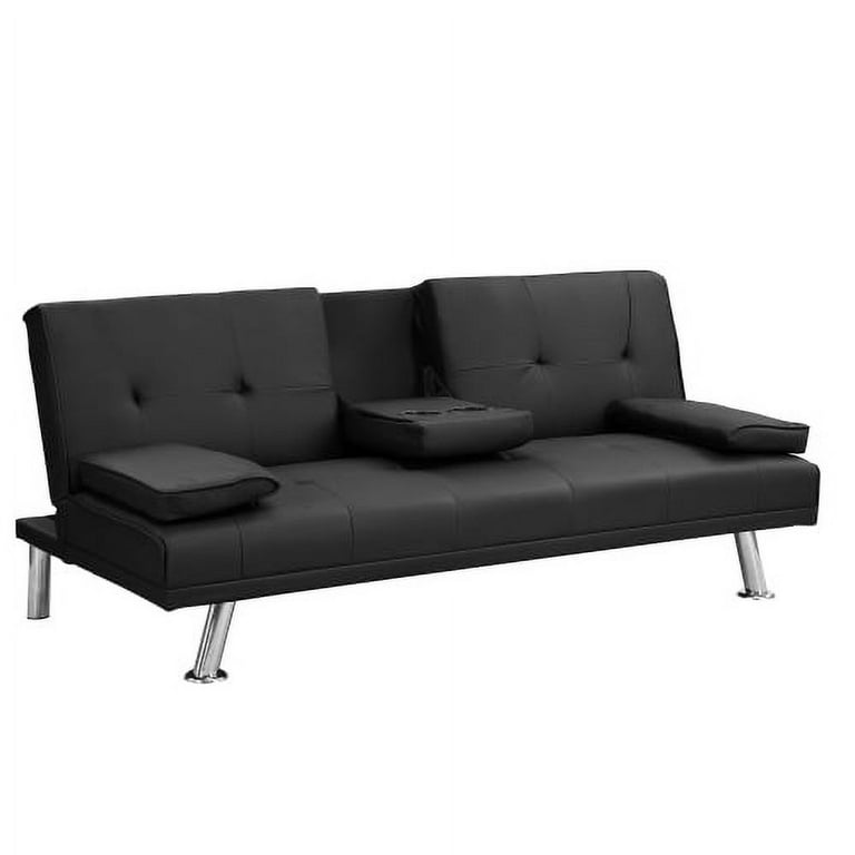 Free Shipping Modern Faux Leather Futon with Cupholders and Pillows Black Walmart