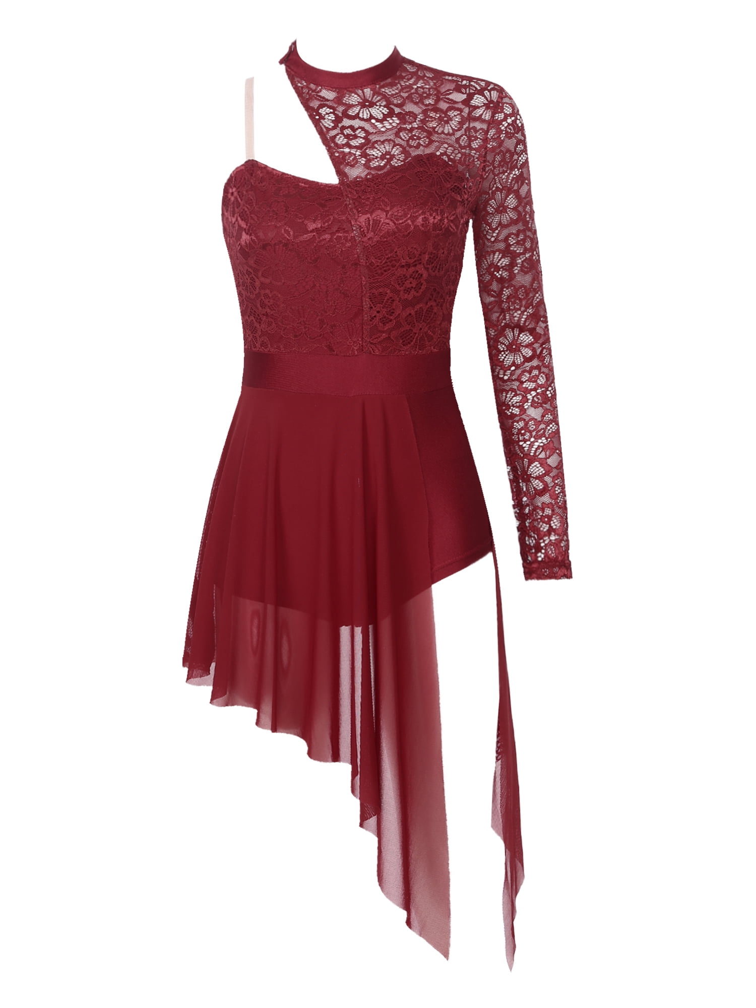 Yizyif Womens One Shoulder Lyrical Dance Leotard Sheer Mesh Floral Lace
