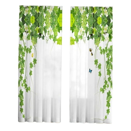 2 Pieces Green Leaf Curtain Rod Pocket Window Curtain Rustic Style Home ...