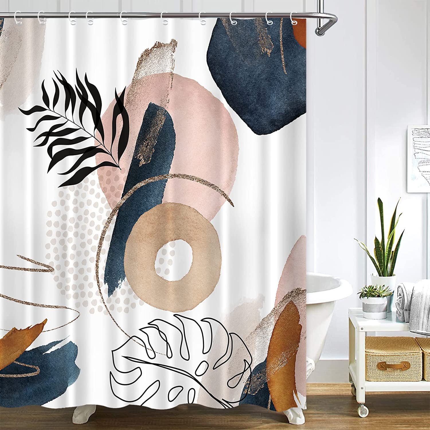 Abstract Shower Curtain Boho Mid Century Pink Navy Blue Modern Geometric Leaves Plant Neutral ...