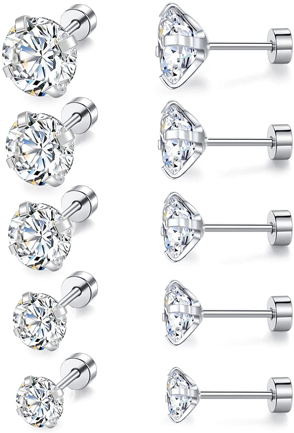 GEMSME Surgical Stainless Steel Stud Earrings 3-7mm Cubic Zirconia ...