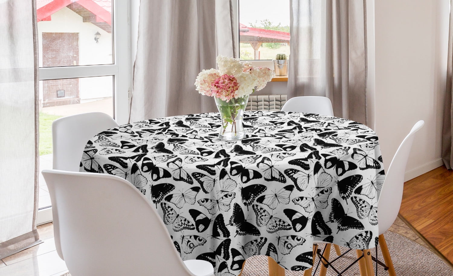 Butterfly Round Tablecloth, Bicoloured Silhouettes of Flying Insects ...