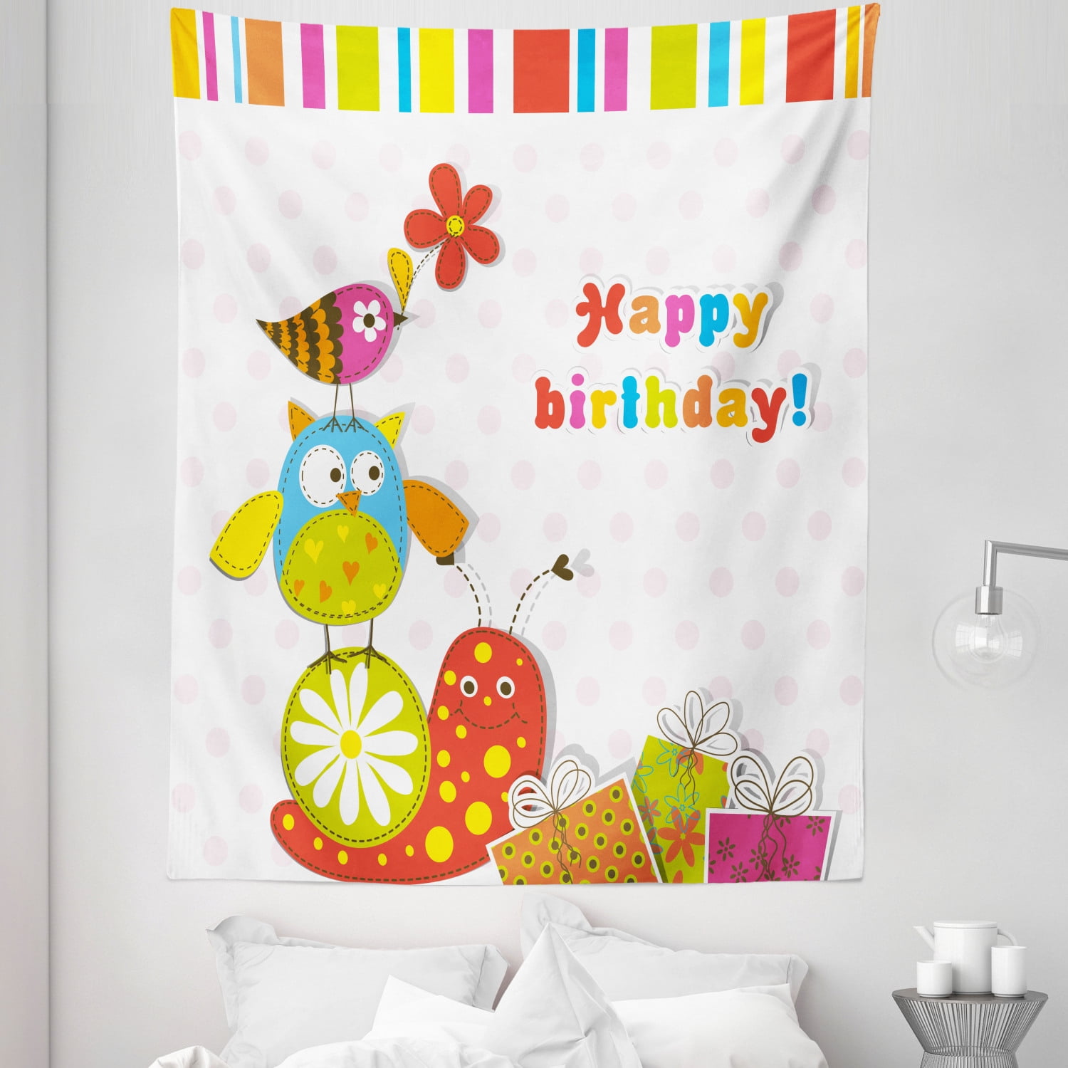 Birthday Tapestry, Patchwork Like Design with Owls Birds and Bugs ...