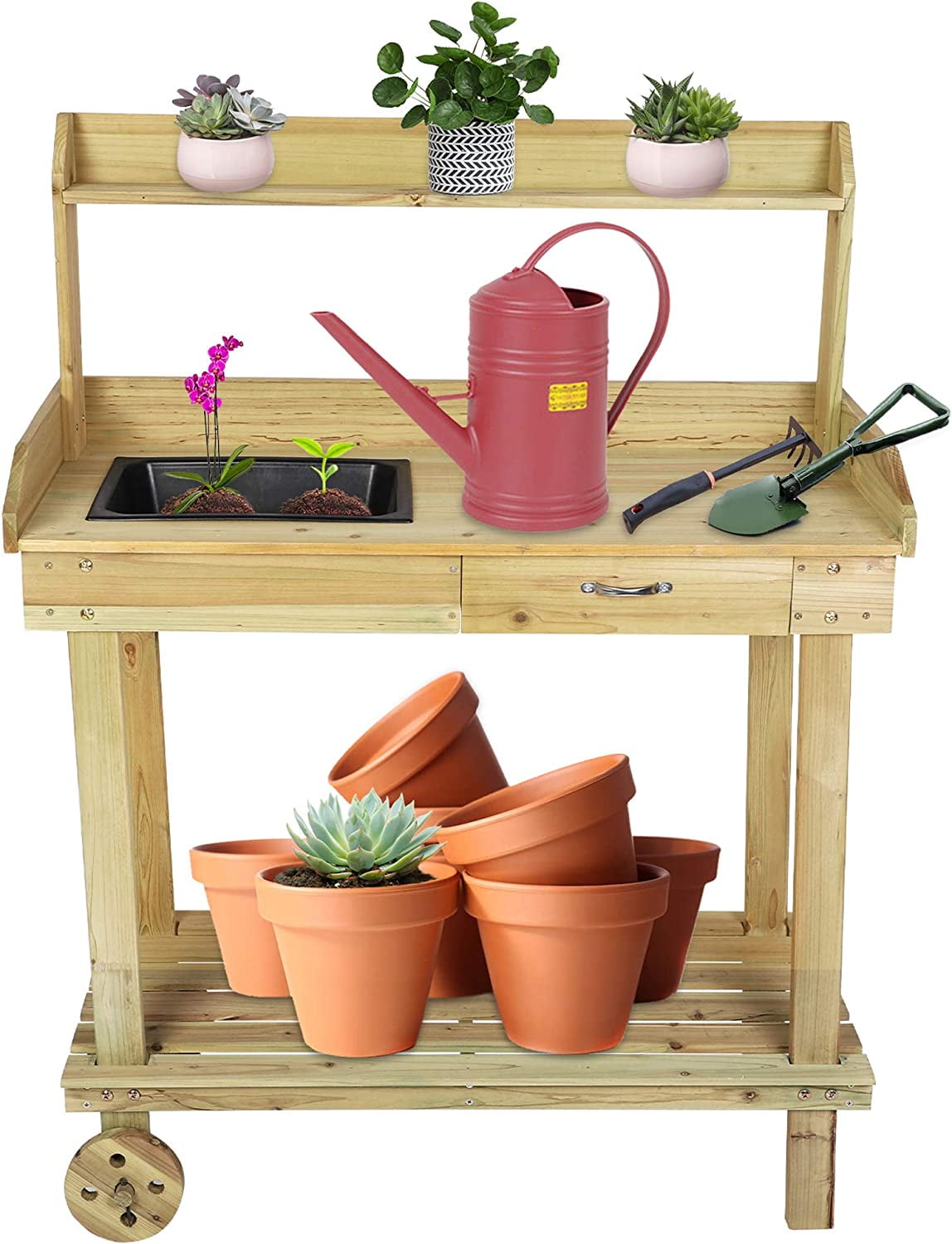 Potting Bench Table Wooden Gardening Plant Workstation Natural Solid ...