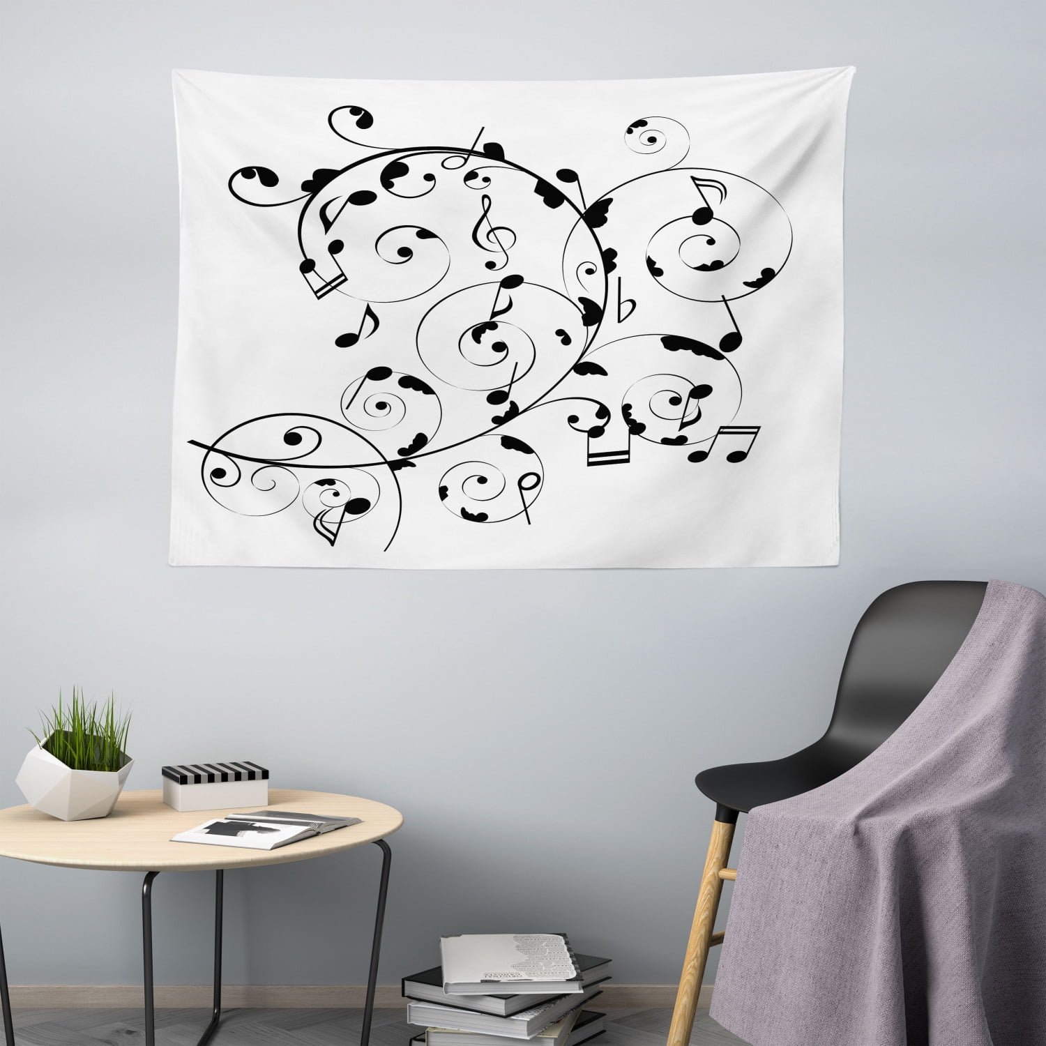 Music Tapestry, Swirl Plant Style Treble Chef and Notes Curlicue Motifs ...