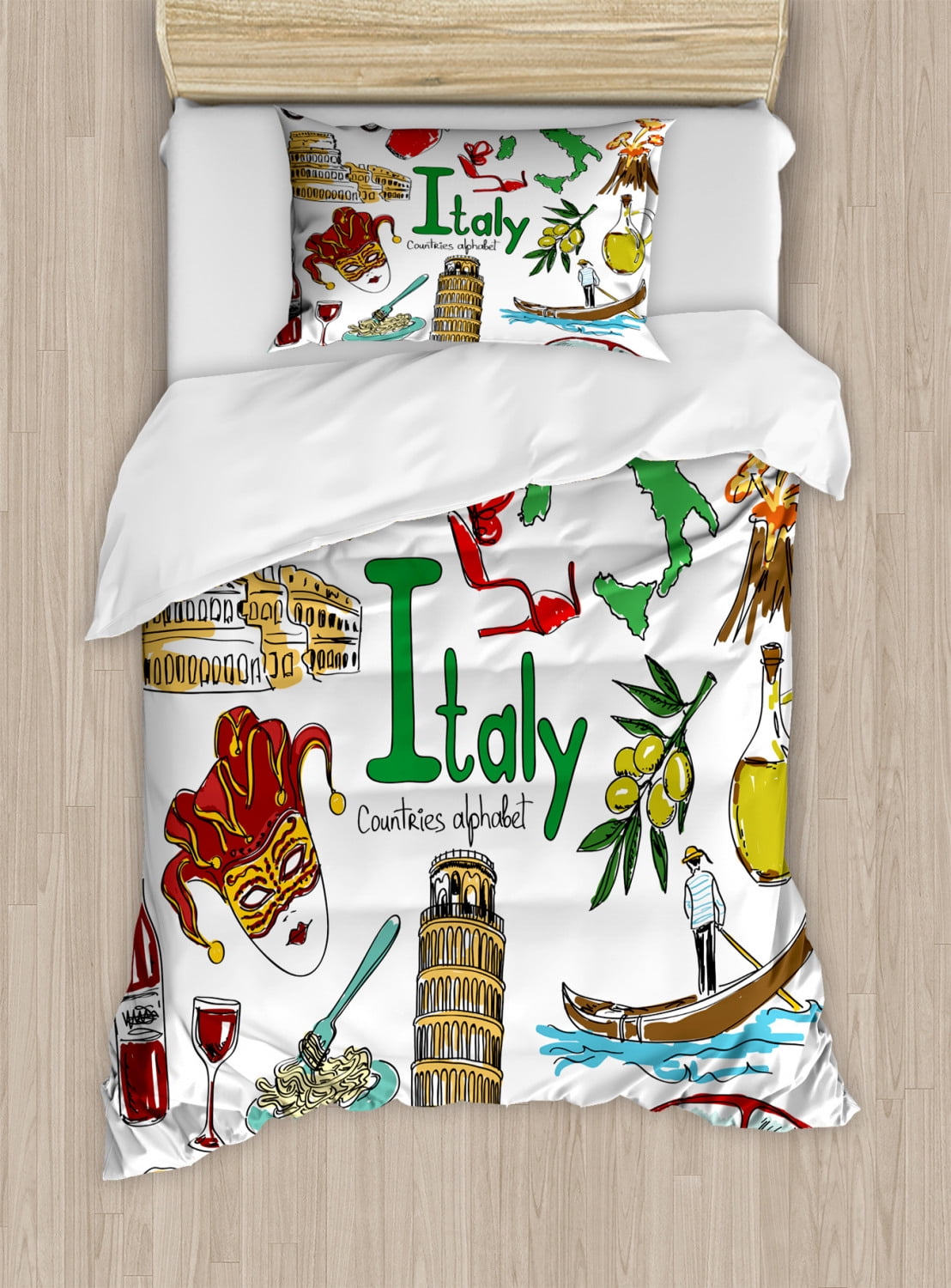 Italy Duvet Cover Set Twin Size, Fun Colorful Sketch Artwork Italy ...