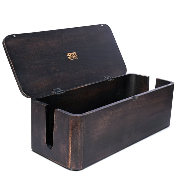 Luxe Designs | Large Cable Management Box – Rustic Black Wooden Cord ...