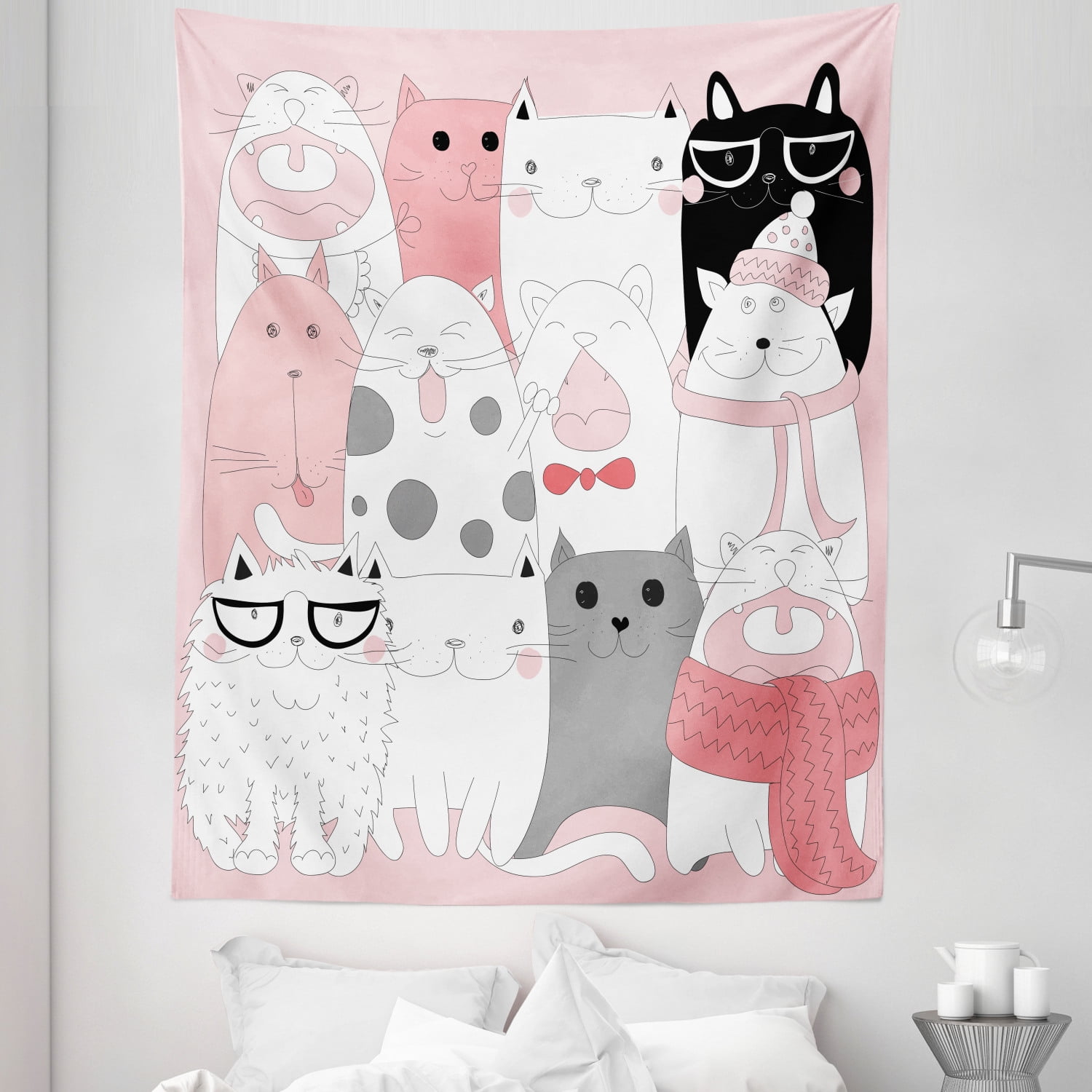 Cat Tapestry, Cartoon Kittens Funny Smiling Glasses Scarfs Doodle ...