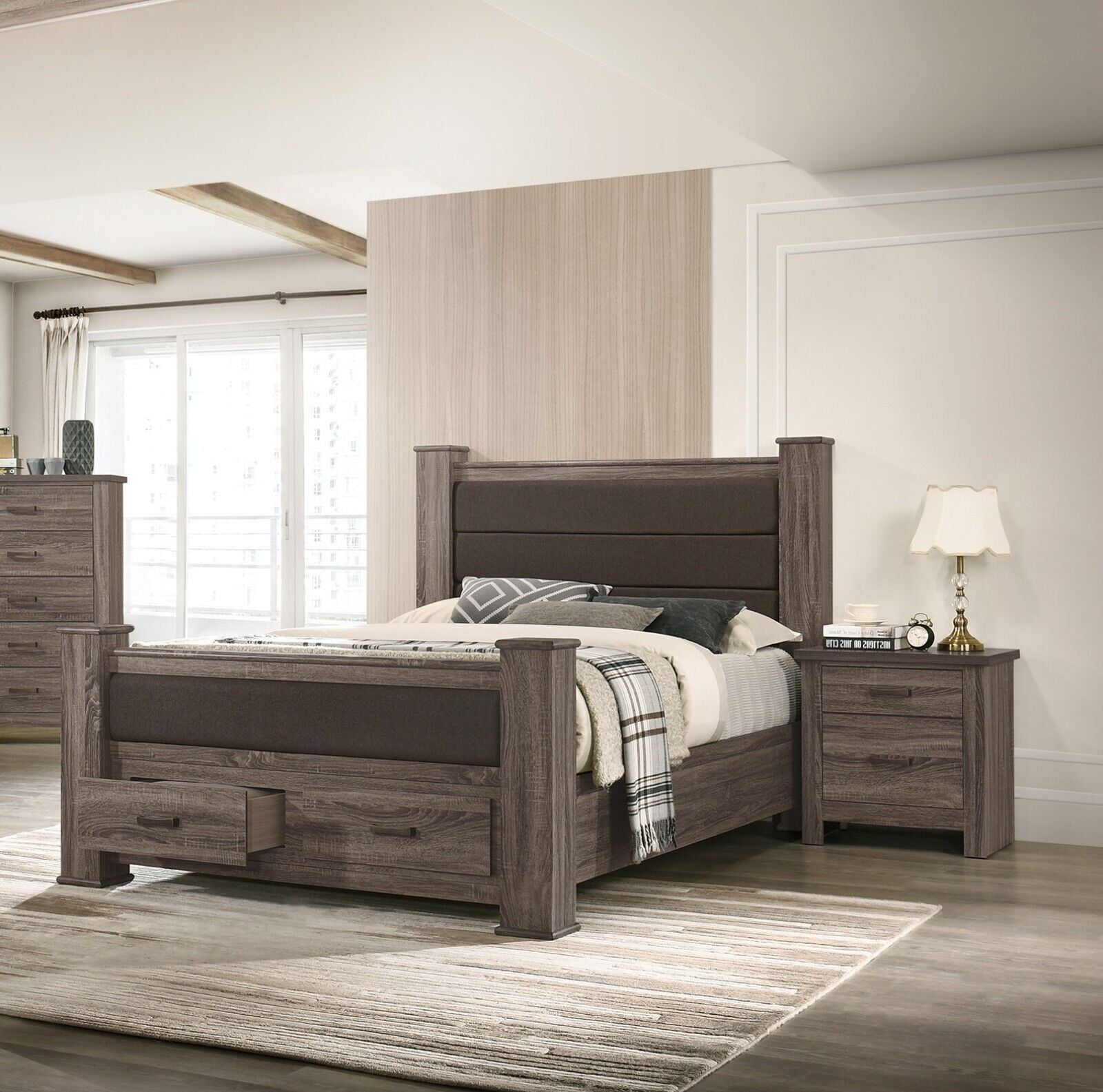 3pc Bedroom Set California King Size Bed 2x Nightstands Natural Grey ...