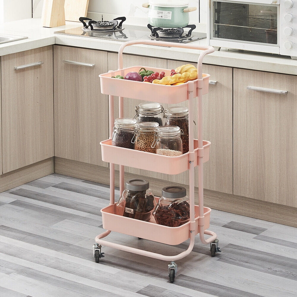 3 Tier Rolling Kitchen Trolley Cart Metal+PP Storage Shelves Rack ...