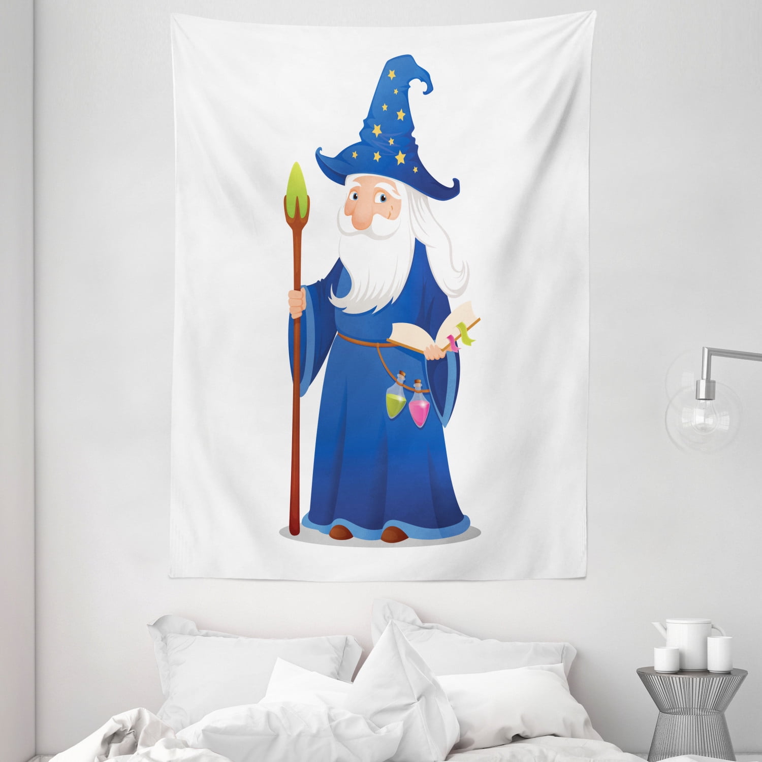 Wizard Tapestry, Sweet Old Cartoon Wizard with Spell Book Potions and ...