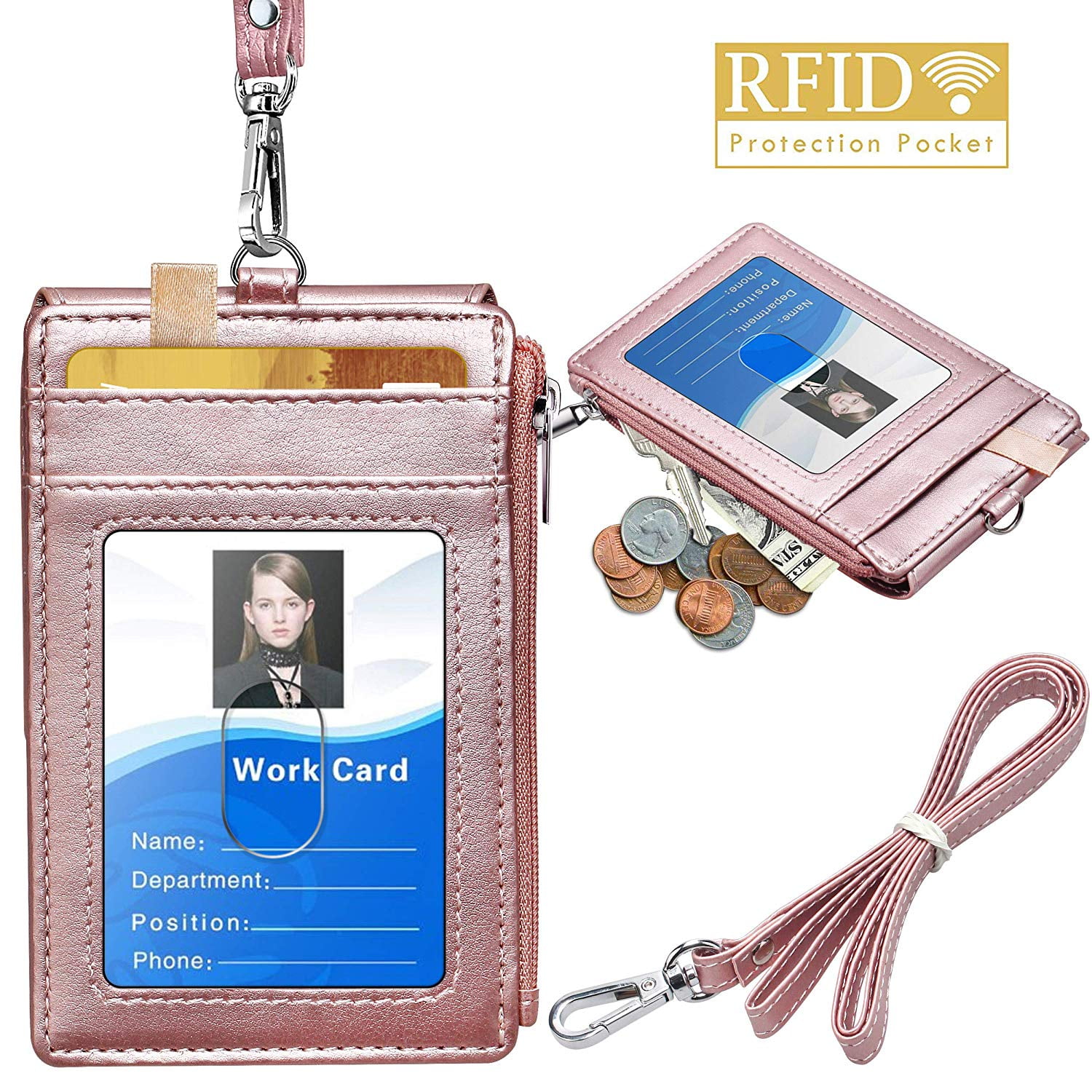 Badge Holder With Zipper Elv Pu Leather Id Badge Card Holder Wallet With 5 Card Slots 1 Side