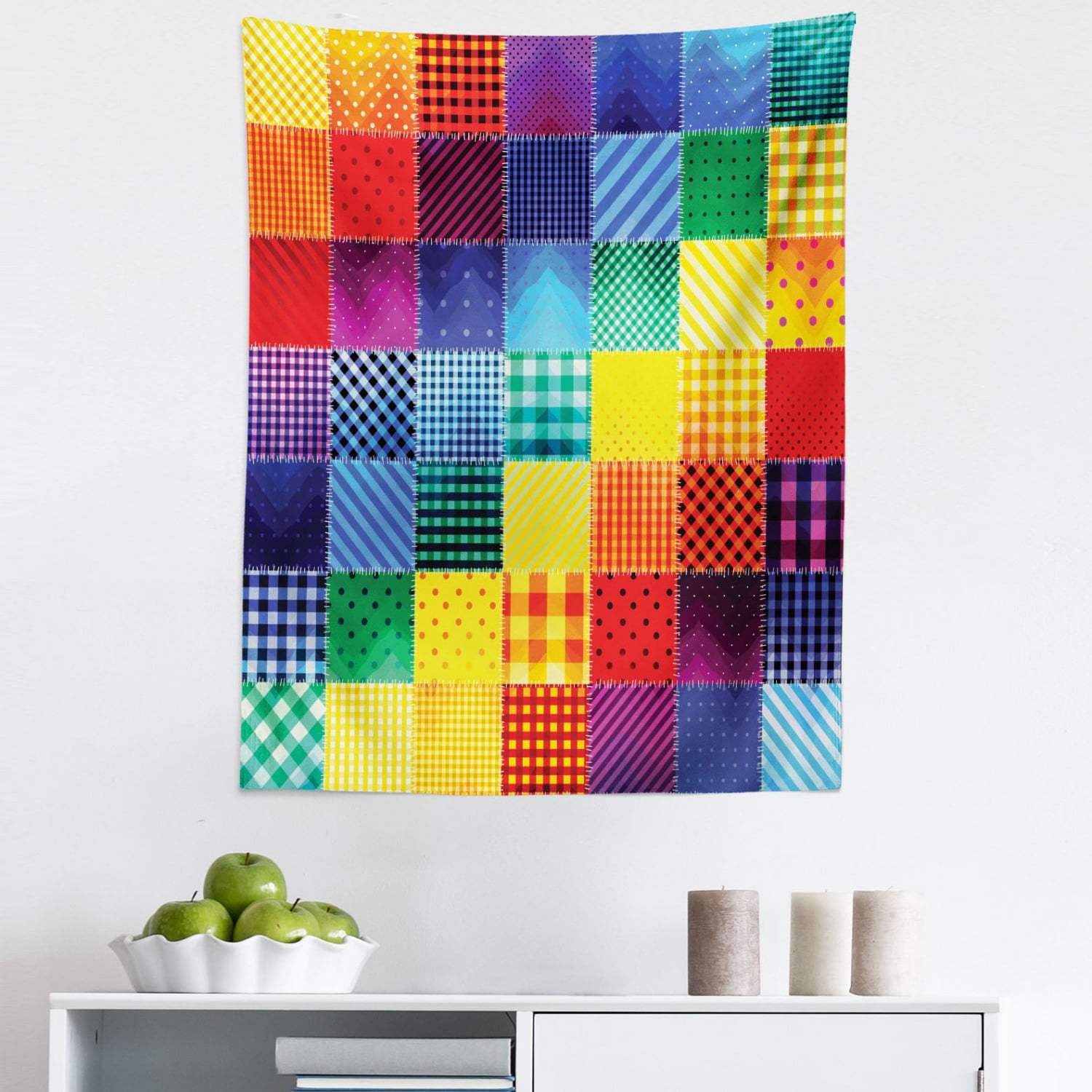 Retro Tapestry, Rainbow Colored Square Shaped Diverse Patterns Diagonal ...
