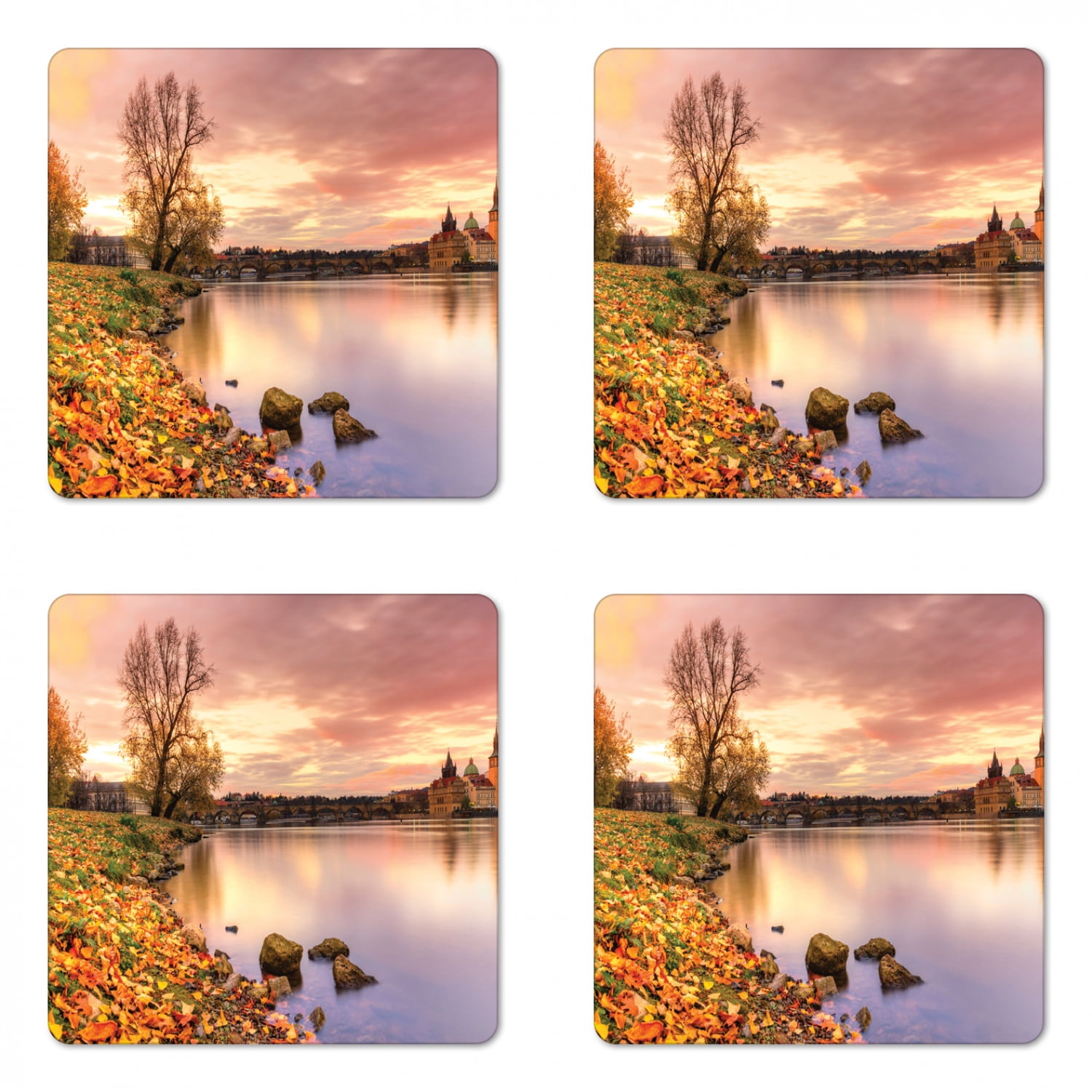 Landscape Coaster Set of 4, Bohemian Old Town Scenery by the River with ...
