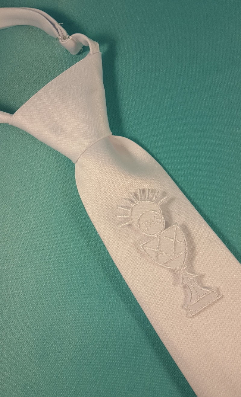 Boy's White Satin First Communion Tie with Embroidered Chalice ...