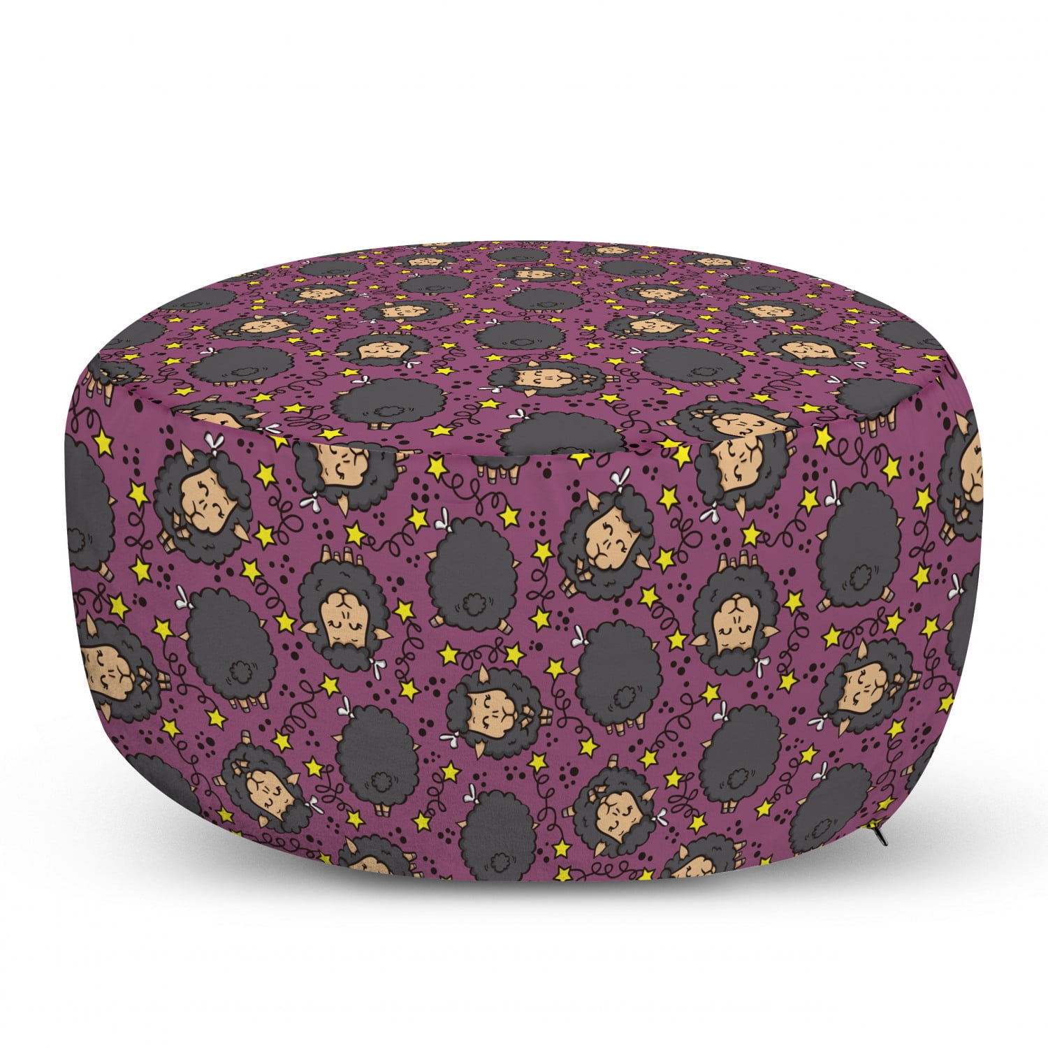 Sheep Pouf Cover with Zipper, Cheerful Pattern with Funny Cartoon Style ...
