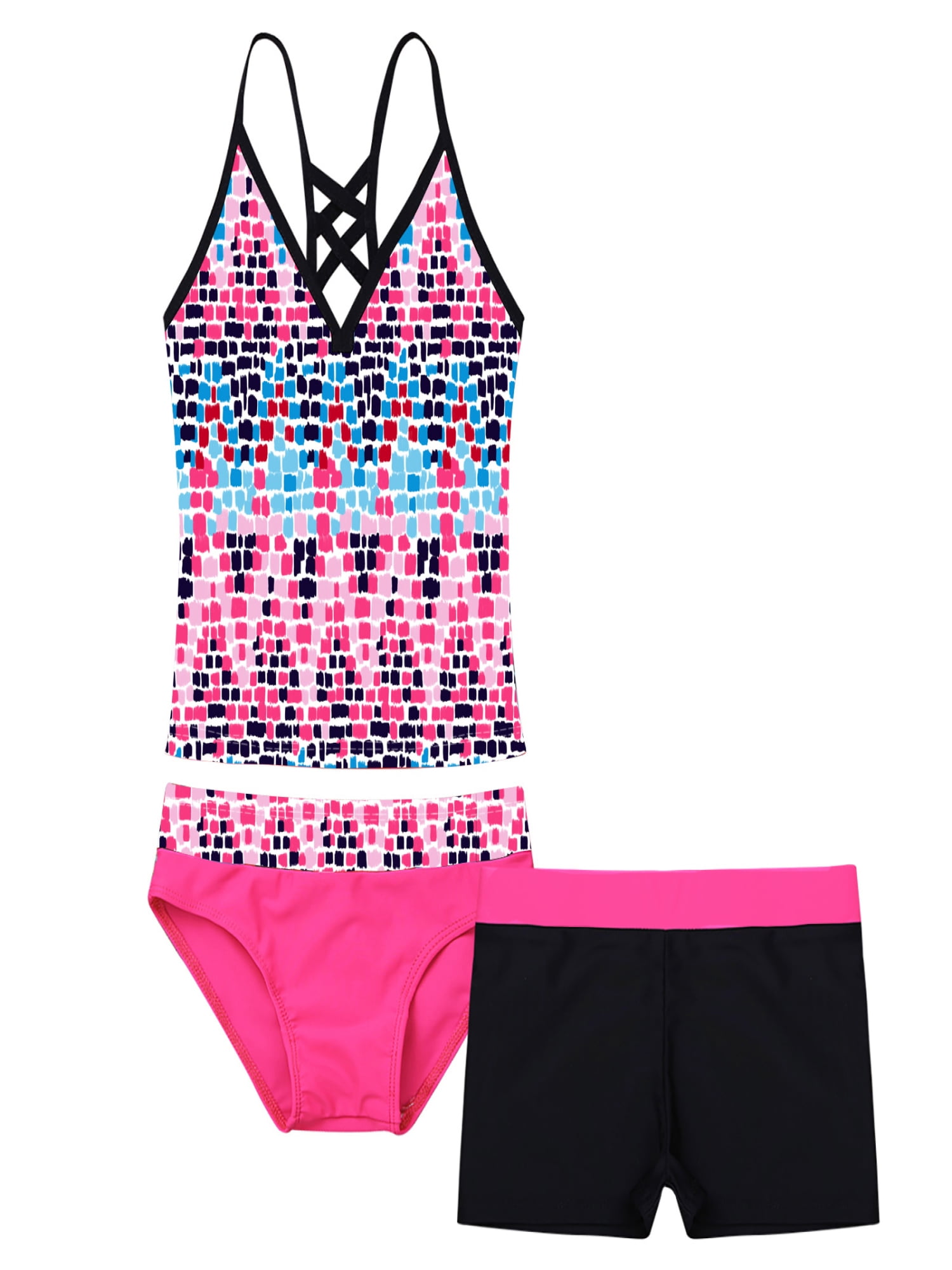 YONGHS Kids Girls 3-Piece Tankini Sets Swimsuit Top with Briefs Shorts ...