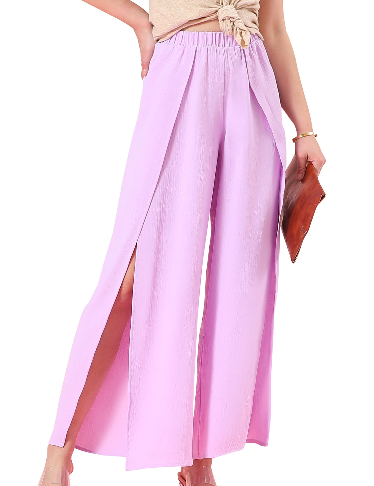 Doublju Womens Banded Waist Side Opening Slit Leg Wide Pants With Plus ...