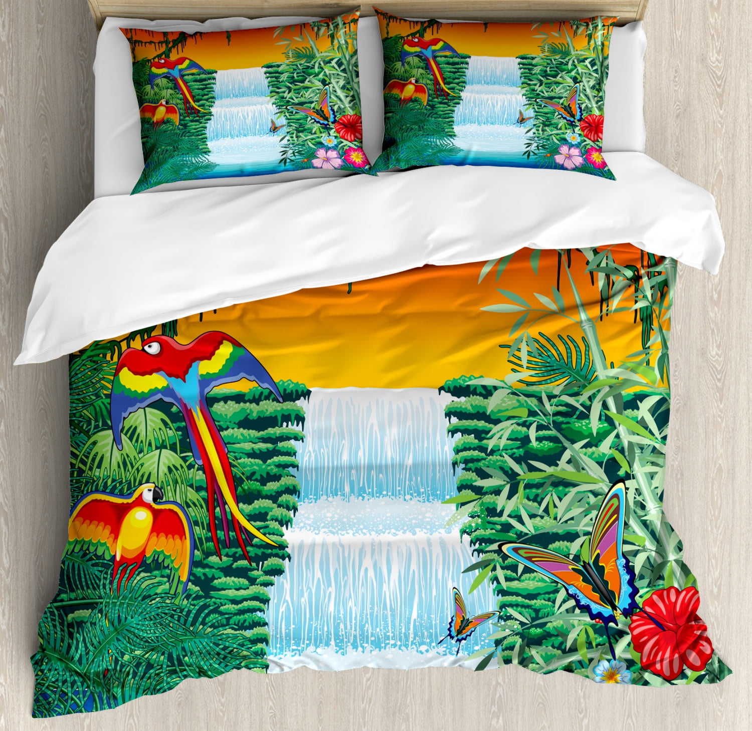 Exotic Duvet Cover Set Queen Size, Landscape of Tropic Botany Parrots ...