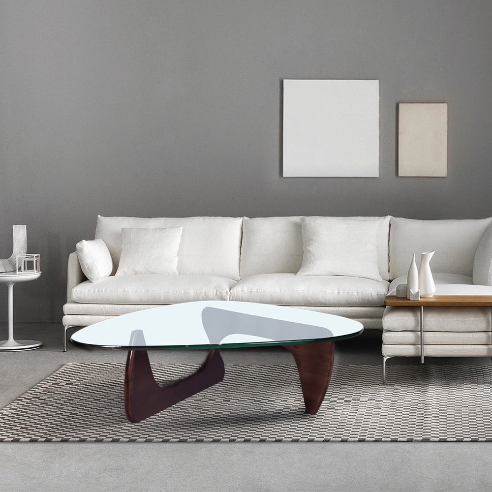 Triangle Glass Coffee Table with Solid Wood Base, Modern Tempered Glass ...
