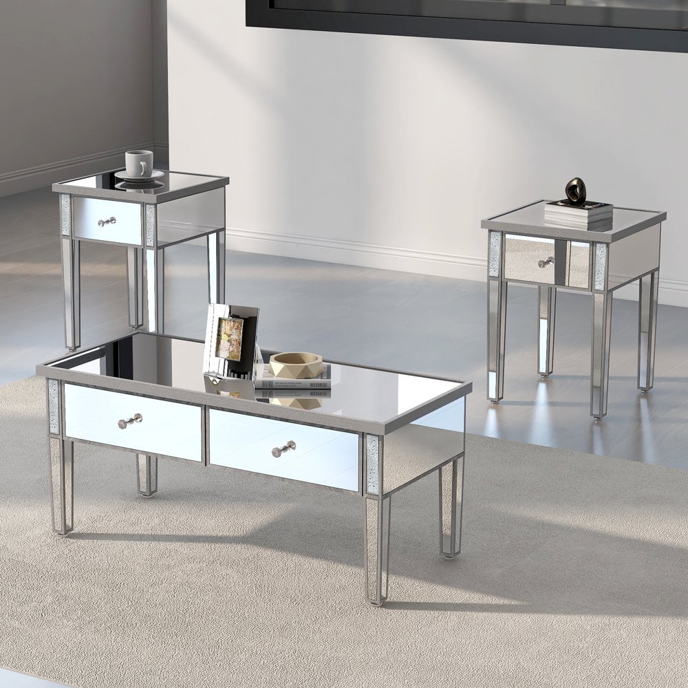 Modern Mirrored Coffee Table Set of 3, Cocktail Table + 2 End Tables ...