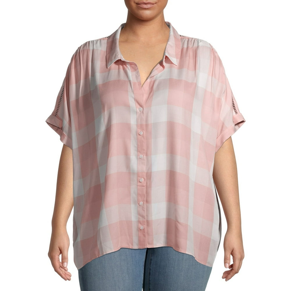 Terra And Sky Terra And Sky Womens Plus Size Plaid Short Sleeve Button