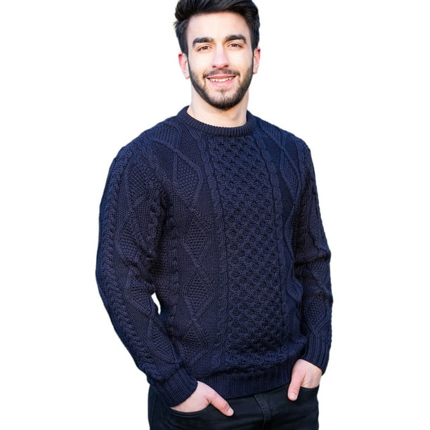 SAOL Aran 100% Wool Fisherman Cable Knit Irish Sweater for Men ...