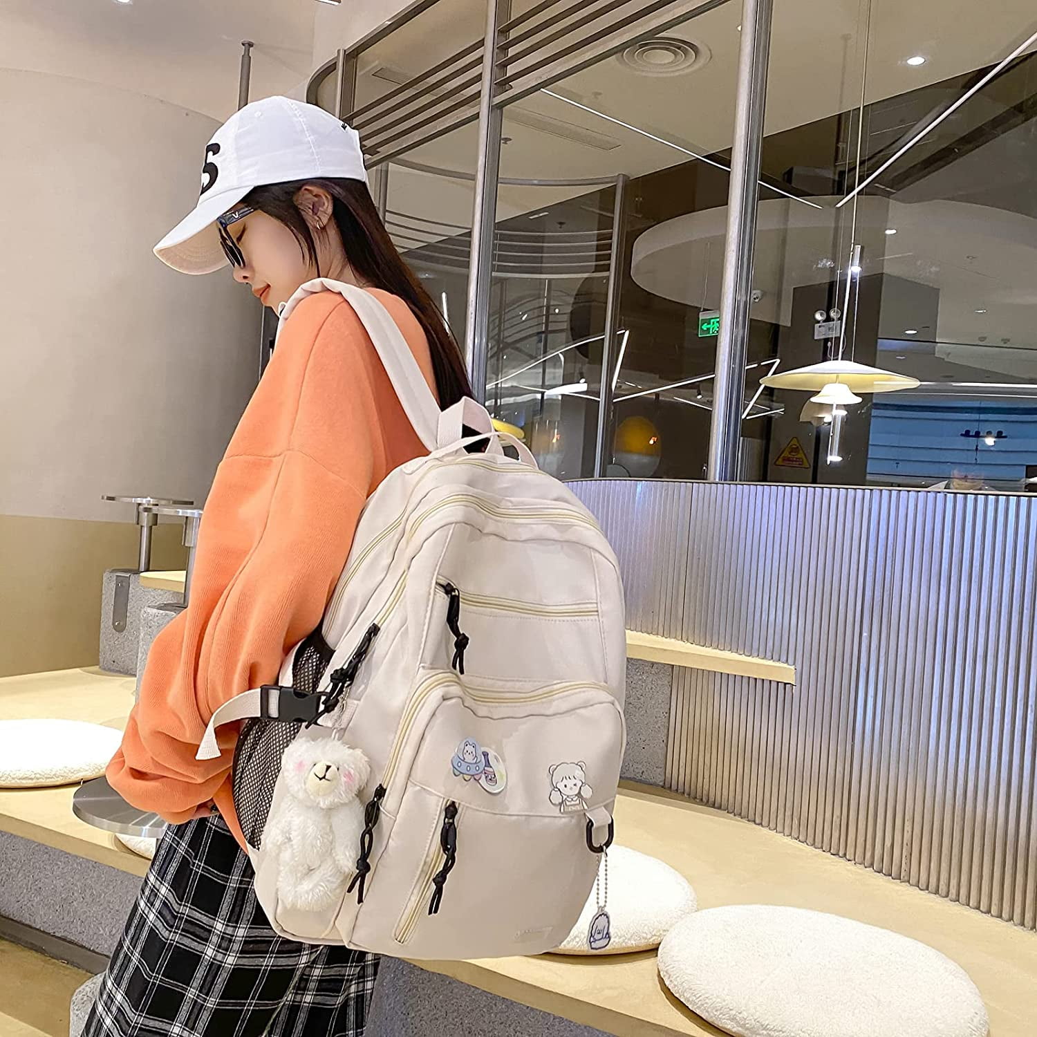 Cute aesthetic schoolbag suitable for middle school students backpacks teenage girls bear pin schoolbag white Walmart