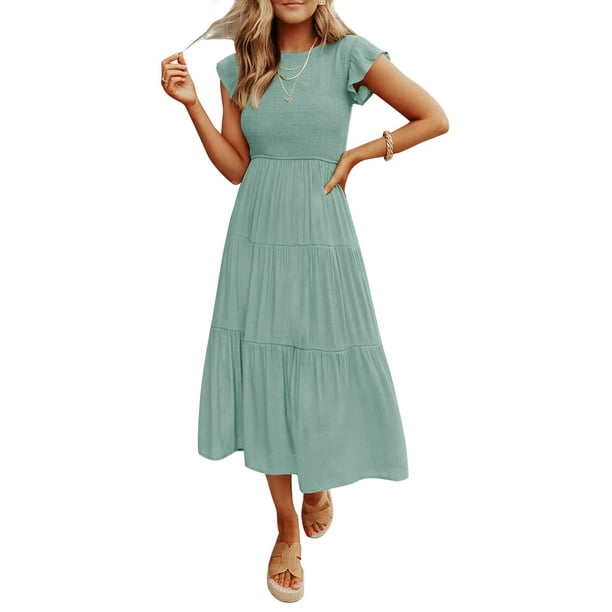 Haomeili Womens Summer Casual Flutter Short Sleeve Crew Neck Smocked