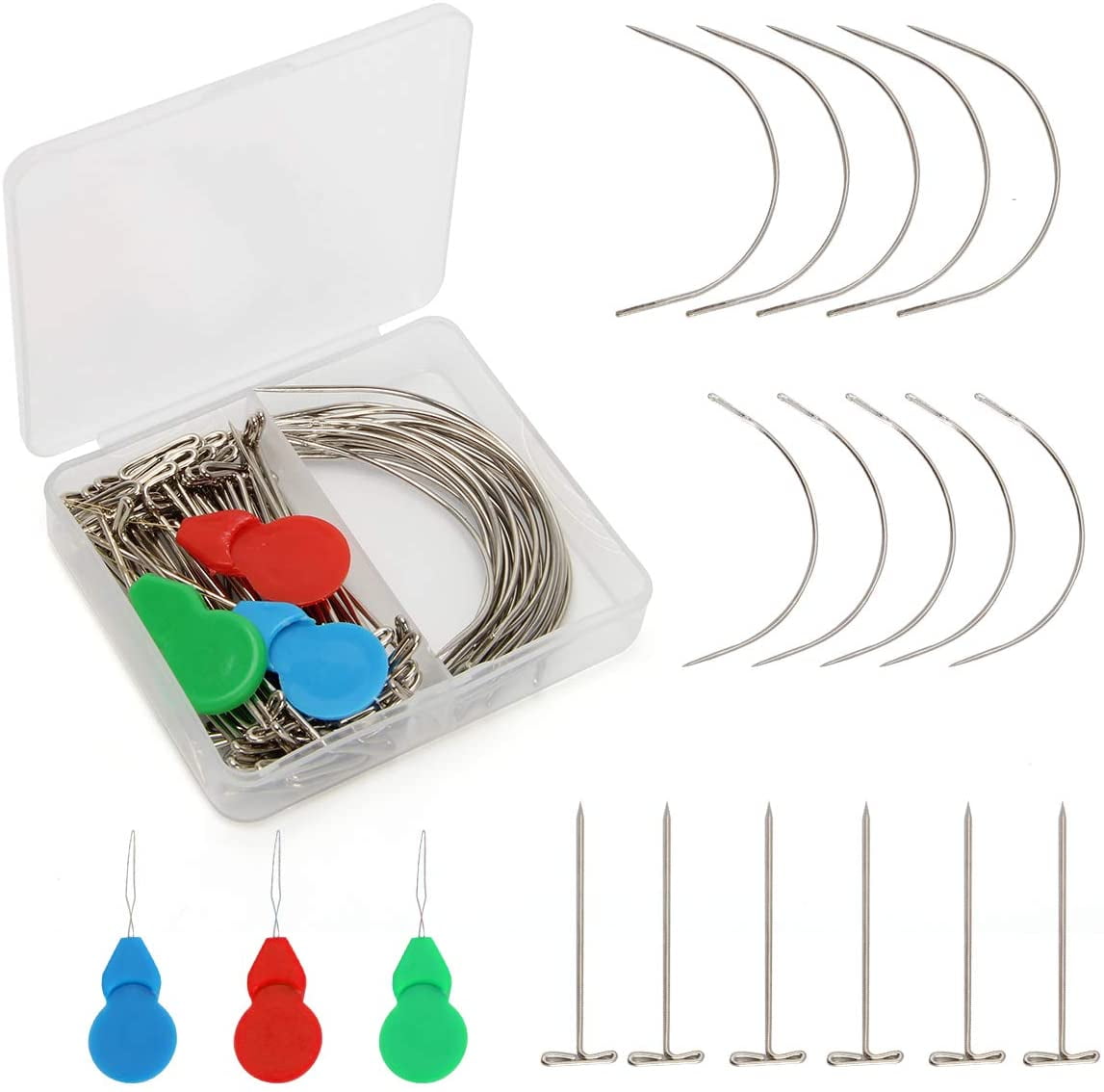 70 Pieces Wig Making Pins Needles Set, Wig T Pins and C Curved Needles ...