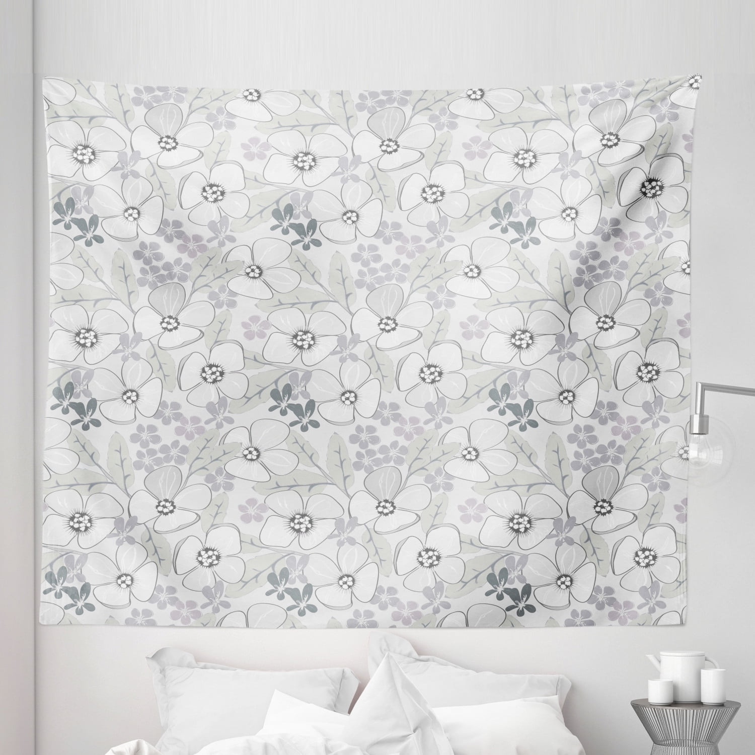 Grey Tapestry, Abstract Sketchy Hand Drawn Garden Spring Flowers with ...