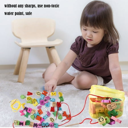 Wooden Lacing Beads Animals Blocks Heart-Shape Box Threading ...