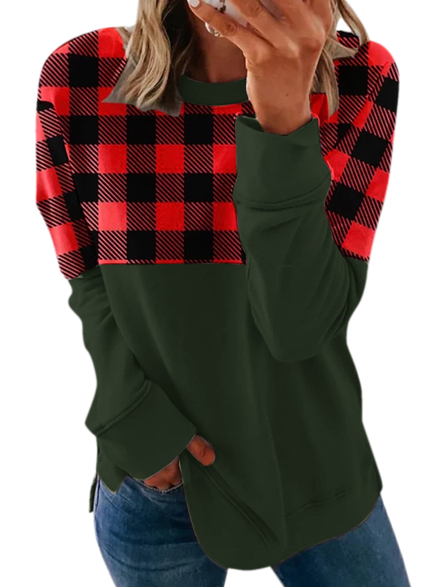 Lumento Women Long Sleeve Buffalo Plaid Pullover Top Round Neck T-Shirt ...