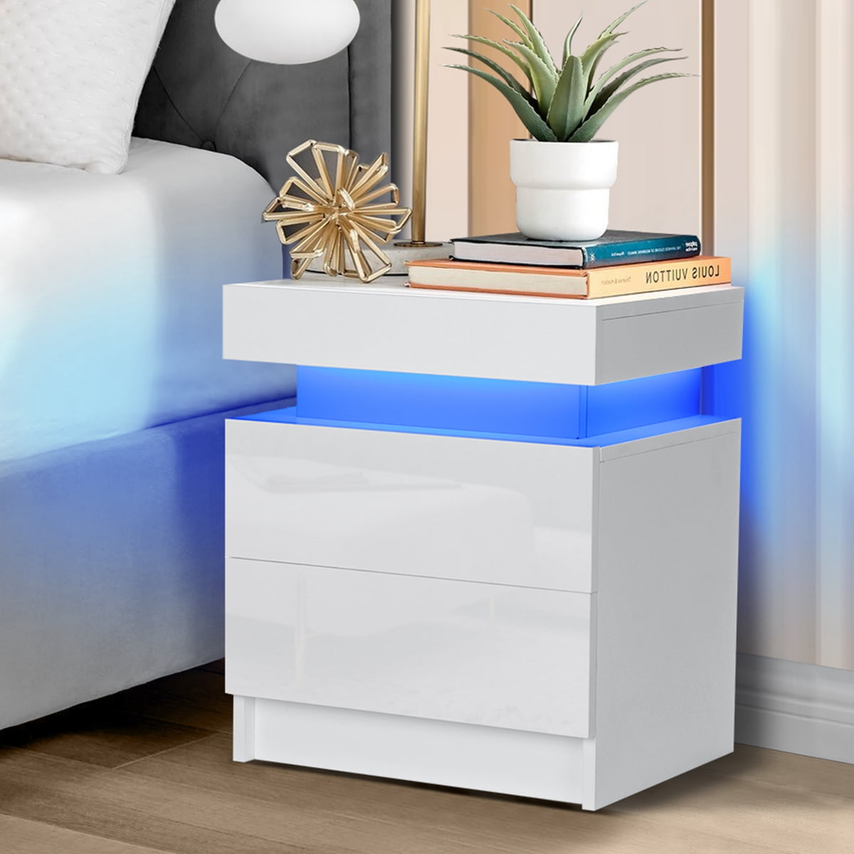 Hommpa Modern LED Nightstand 2 Drawers Bedside Table High Gloss White ...