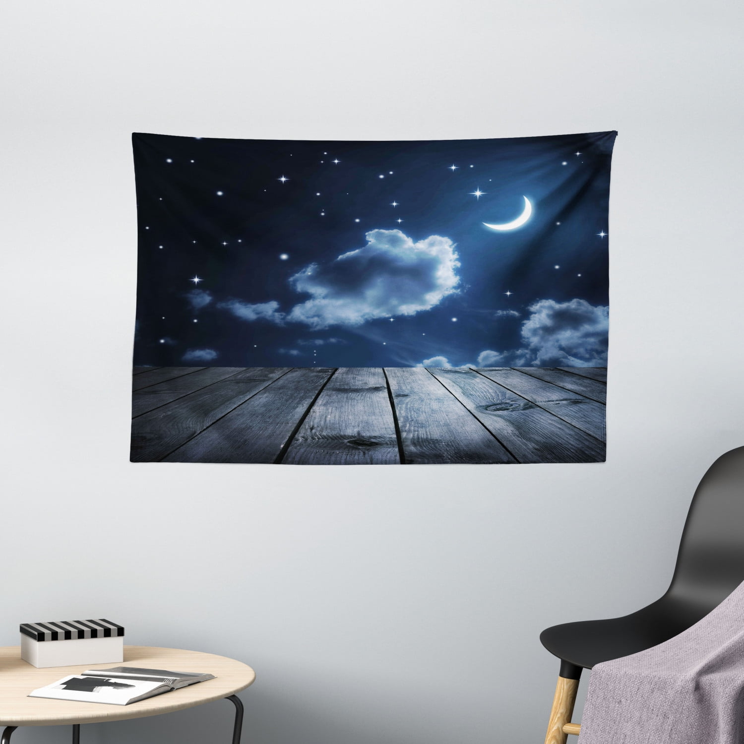 Dark Blue Tapestry, Vivid Night Sky with Stars Clouds and Crescent Moon ...