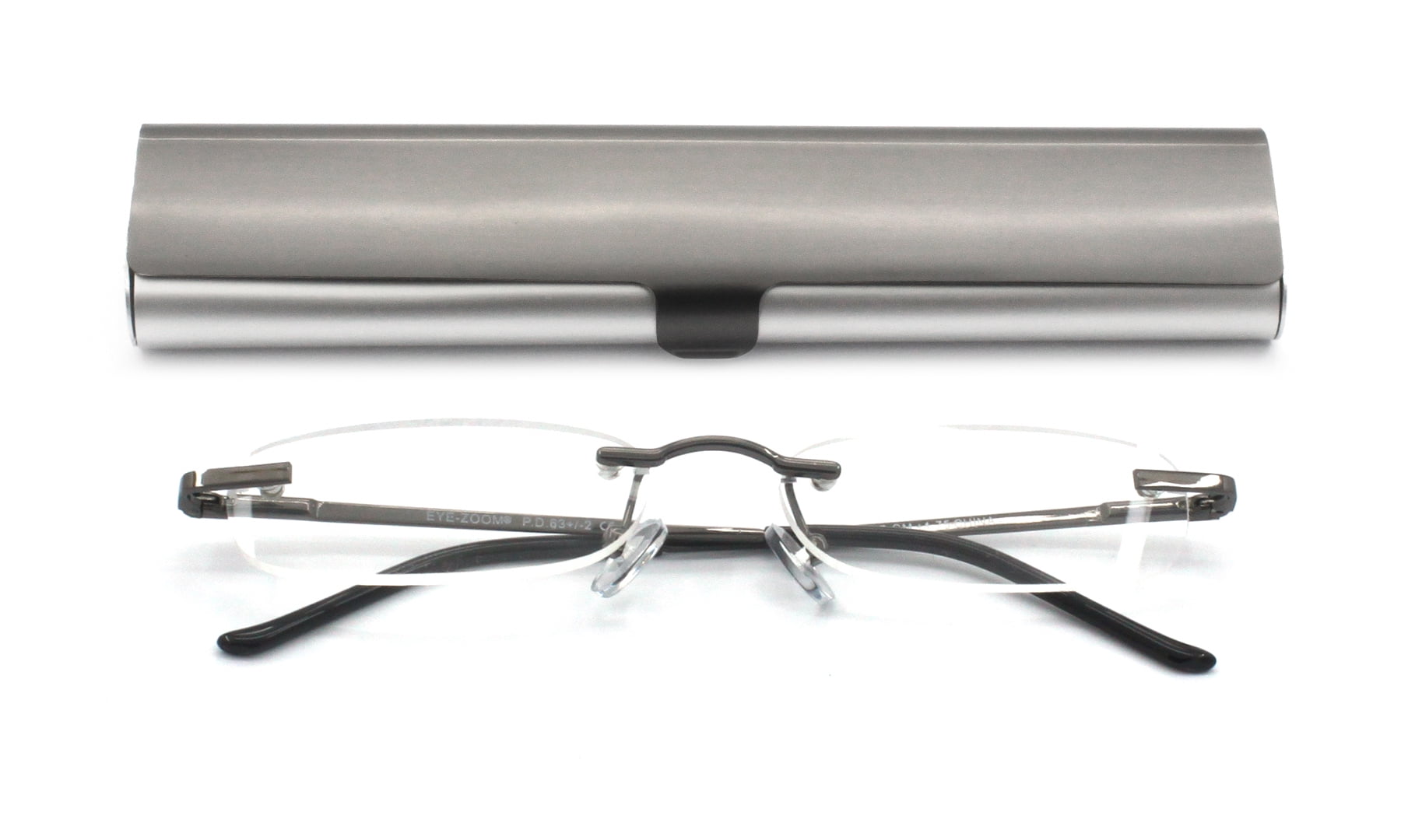 EYE ZOOM Compact Rimless Reading Glasses with Slim Gun and Silver Case ...