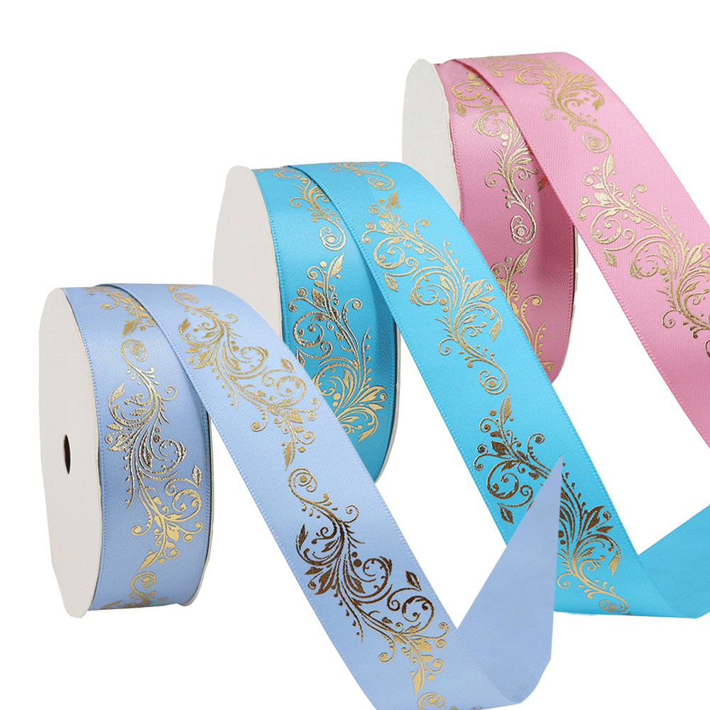 Satin with Glitter stamp Wired Ribbon for Craft Packing, Gift Wrapping ...
