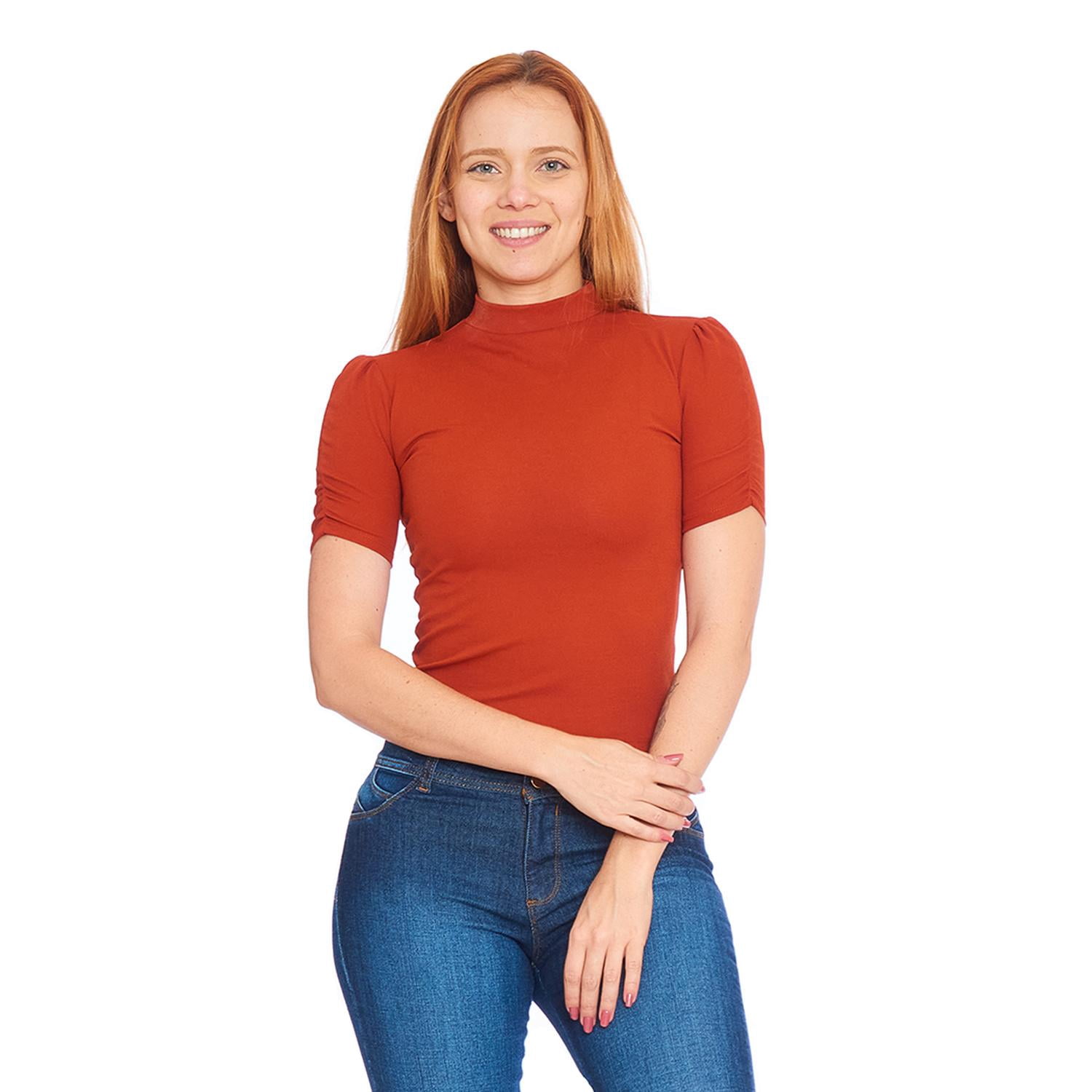 Blusa Mujer Manga Corta Lisa Cuello Alto Casual Básica rojo G INCÃ ...