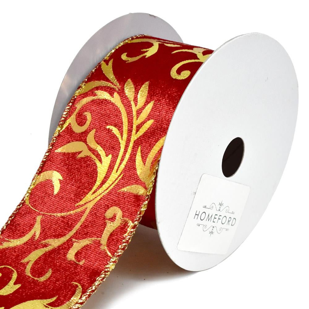 Scroll Plush Gold Back Velvet Wired Christmas Ribbon, 2-1/2-Inch, 10 ...