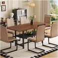 Modern Dining Table and Chairs Set for 6, Brown Fabric Seat Chairs with ...