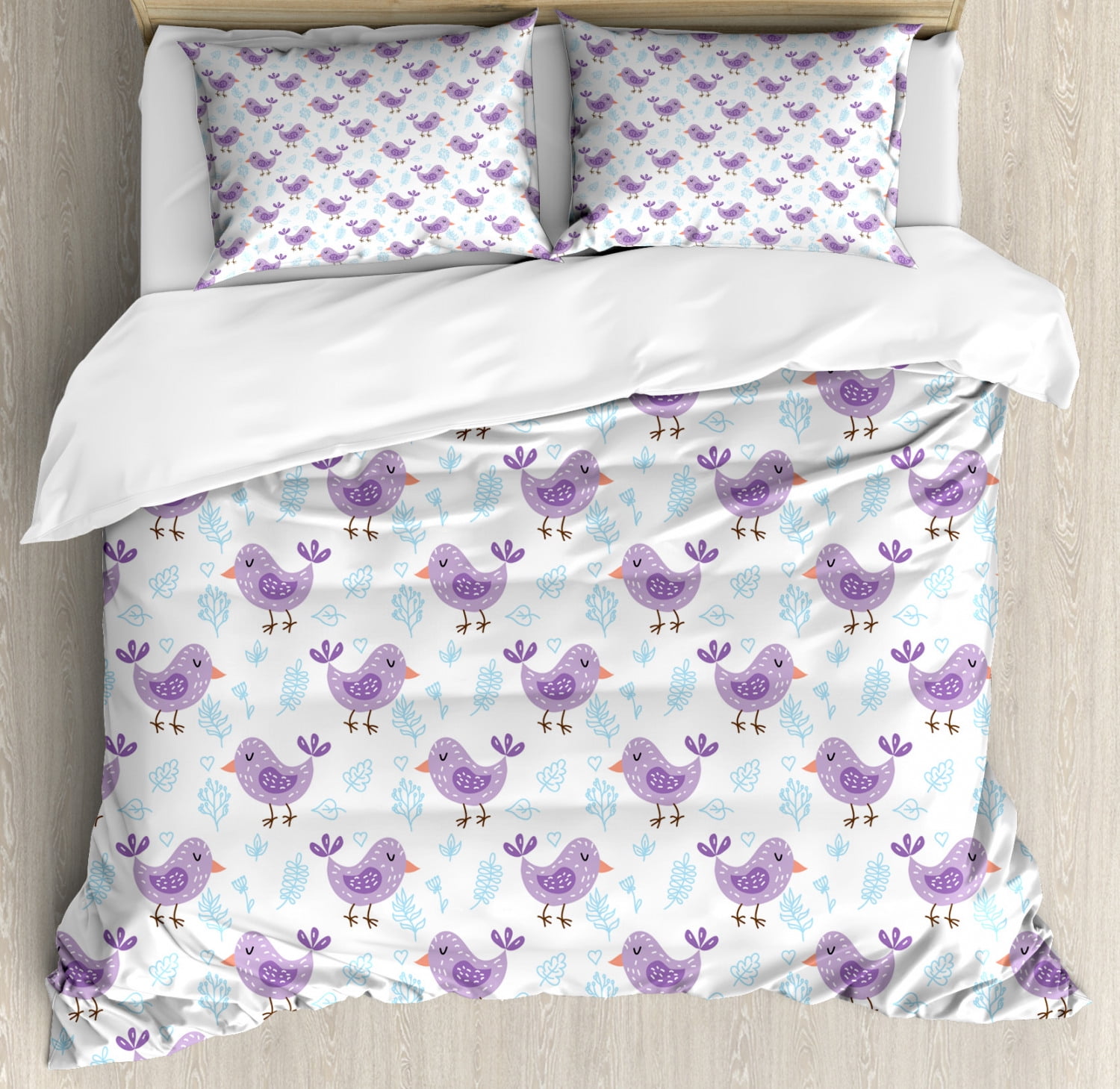 Birds King Size Duvet Cover Set, Lullaby Themed Birds with Tiny Beaks ...