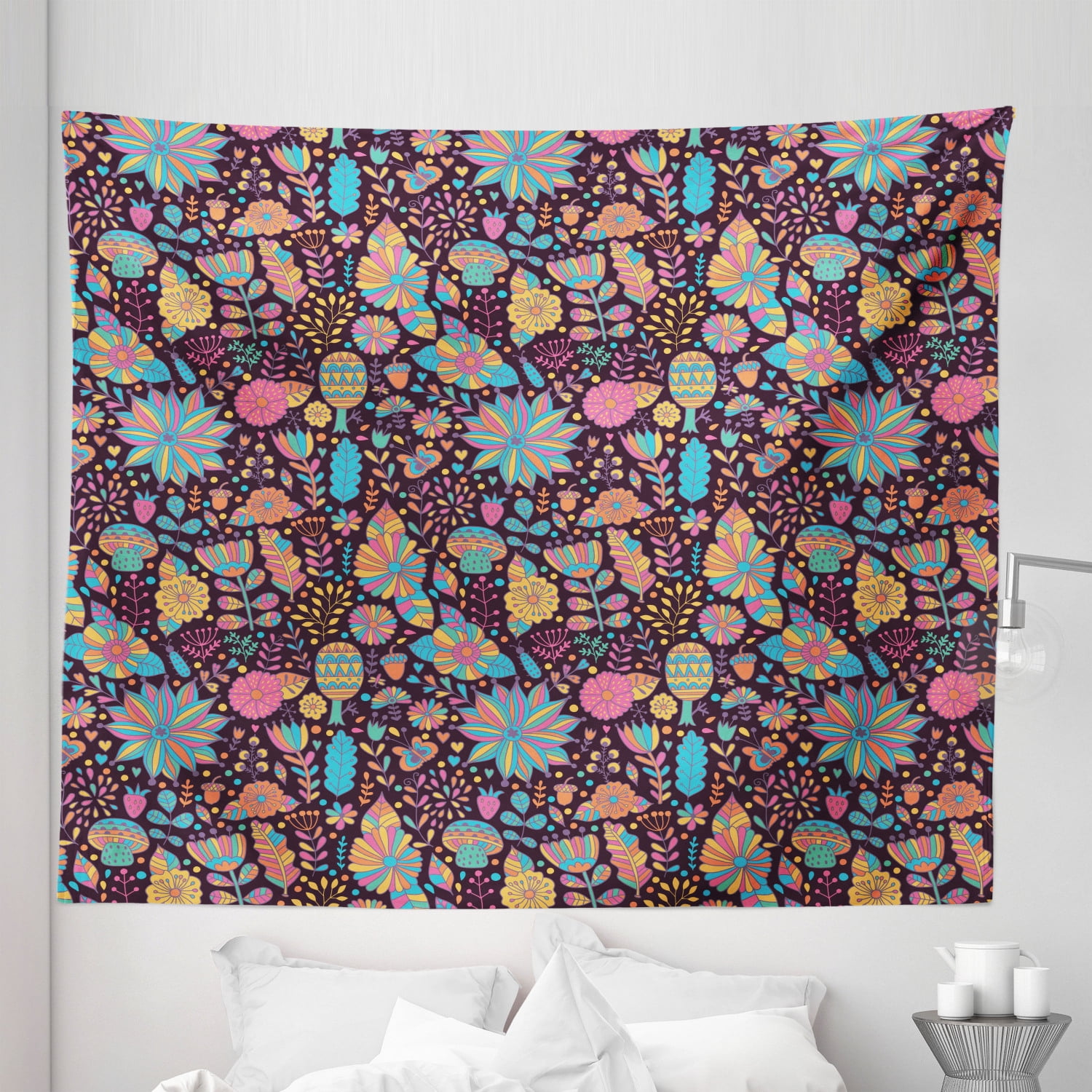 Flower Tapestry, Doodle Style Colorful Floral Design with Dark Toned ...