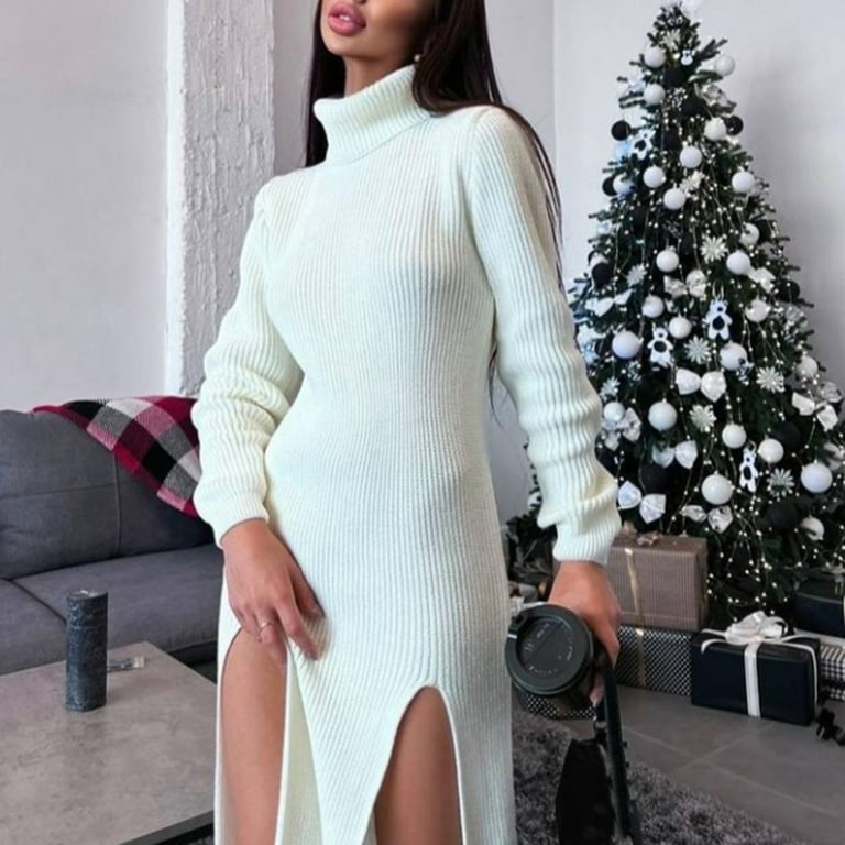 Women's Long Sleeved High Neck Knitted Two Sided Thigh Slit Women's Long Sleeved High Neck Knitted Two Sided Thigh Slit