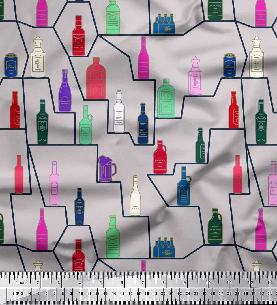 Soimoi Silk Fabric Beer Cane,Glass & Bottle Bar Print Fabric by The ...